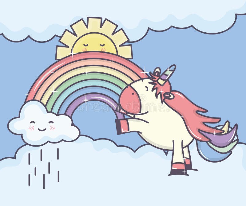 Cute Adorable Unicorn with Clouds and Rainbow Stock Vector ...
