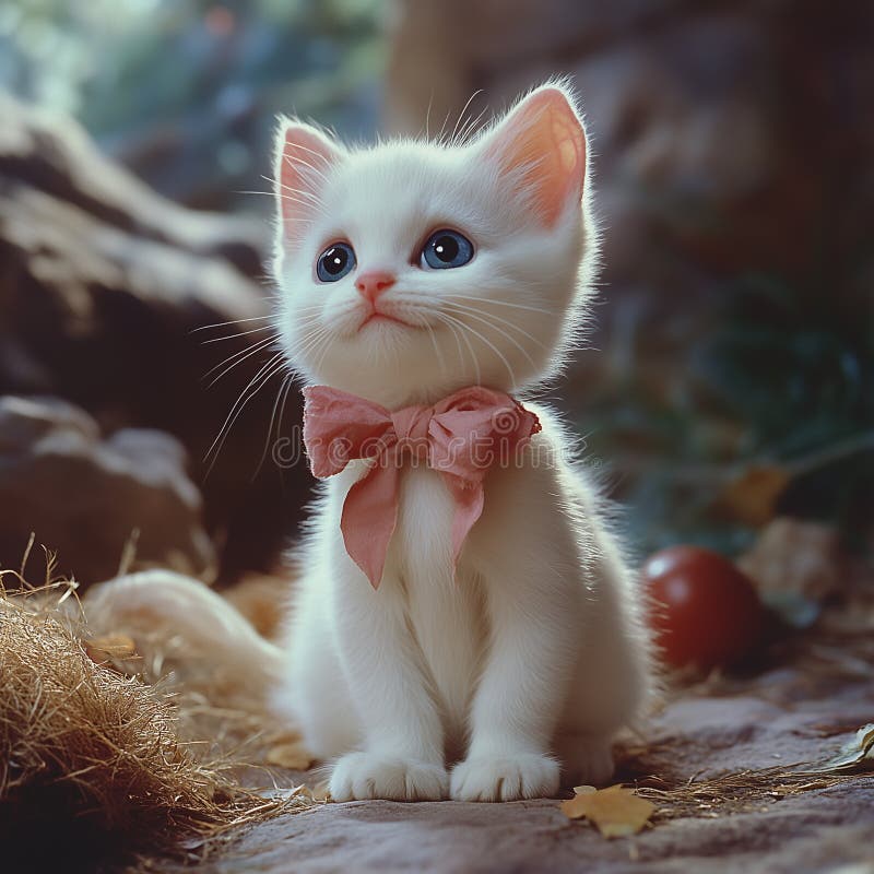 Cute Adorable White Fluffy Kitten with Pink Bow and Playful Expression ...