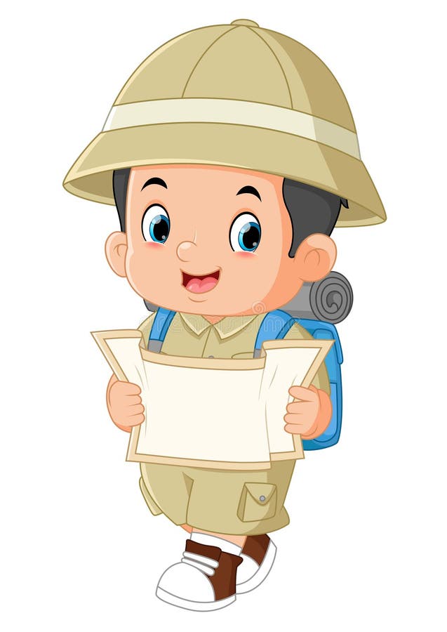 A Cute Adventurous Boy Carrying a Backpack and Reading a Map Stock ...