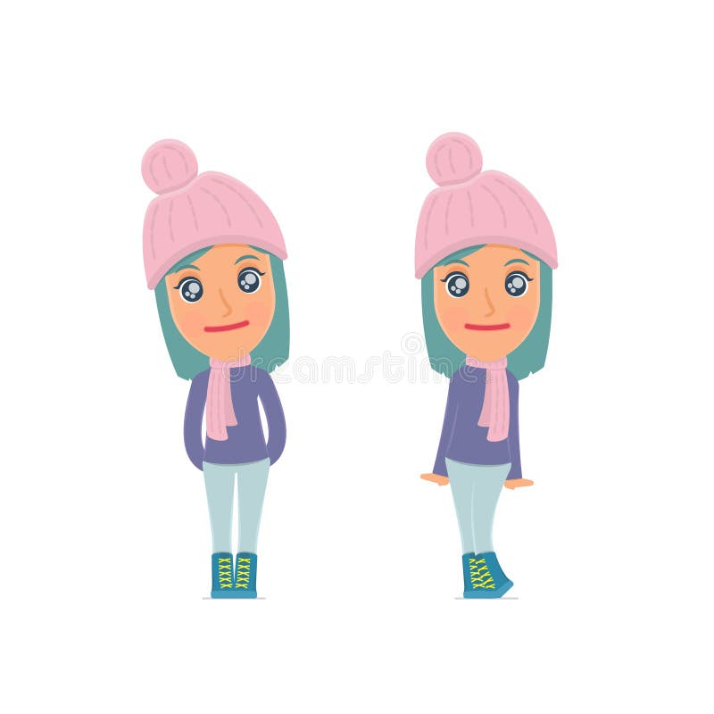 Cute and Affectionate Character Winter Girl in Shy and Awkward Poses ...