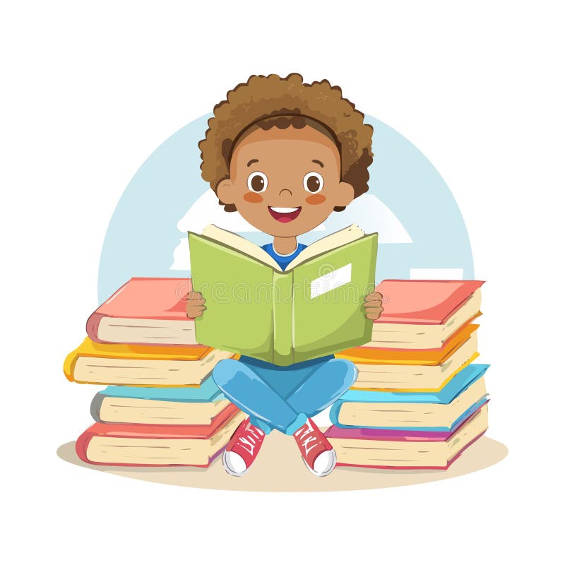 Cute African American Boy Reading a Book. Vector Illustration Stock ...