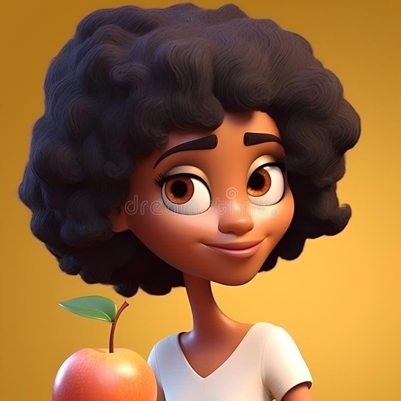 Cute African American Girl with Apple - 3d Rendering Stock Illustration ...