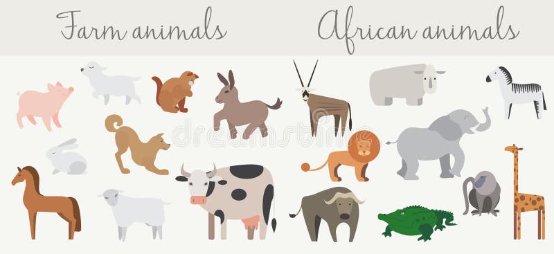 Cute African and Farm Animals Set. Stock Vector - Illustration of ...