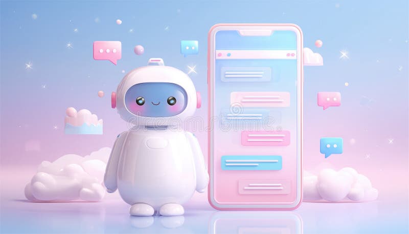 Cute AI Chatbot Character with Smartphone and Pastel Chat Interface ...