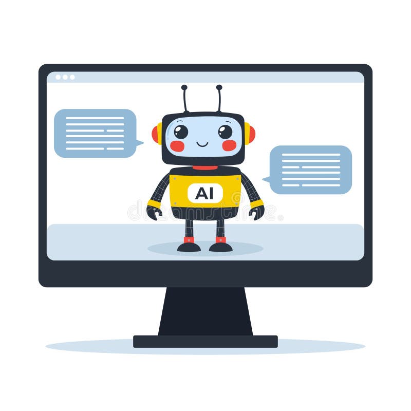 Cute AI Chatbot on Computer Screen. Artificial Intelligence, Virtual ...