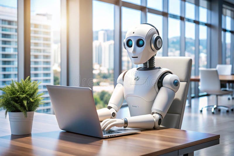 Cute AI Chatbot Robot with Laptop in Modern Office Setting Stock ...