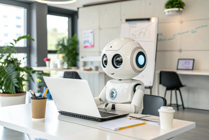 Cute AI Chatbot Robot with Laptop in Modern Office Setting Stock ...