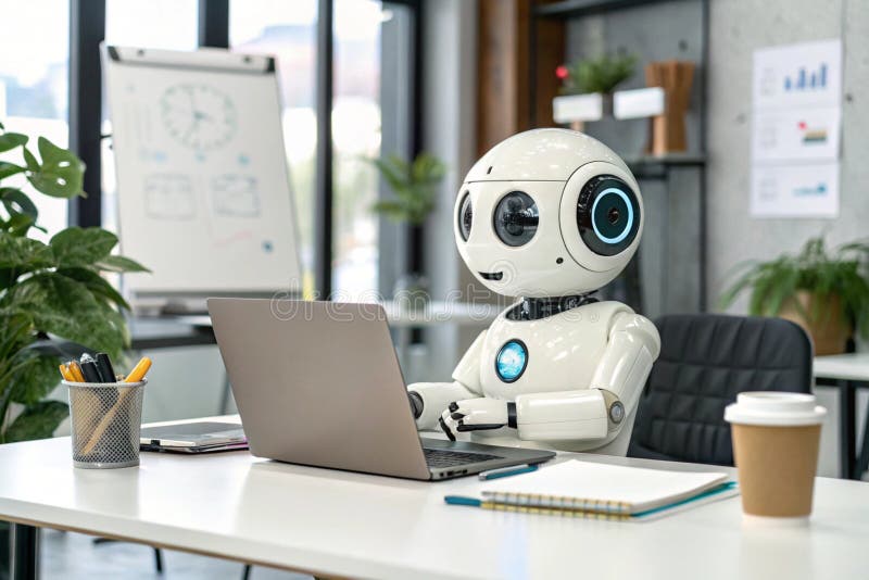 Cute AI Chatbot Robot with Laptop in Modern Office Setting Stock ...