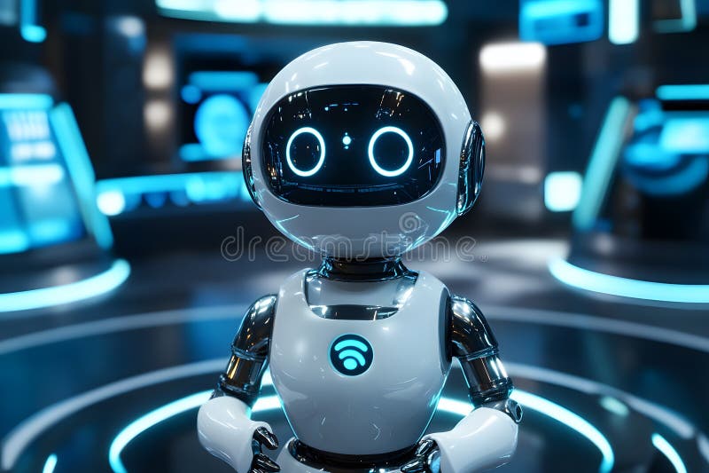 Cute AI Robot Assistant with Glowing Blue Eyes Stock Illustration ...