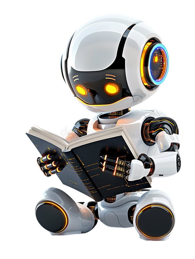 Cute AI Robot or Chatbot Reading a Book Isolated Stock Illustration ...