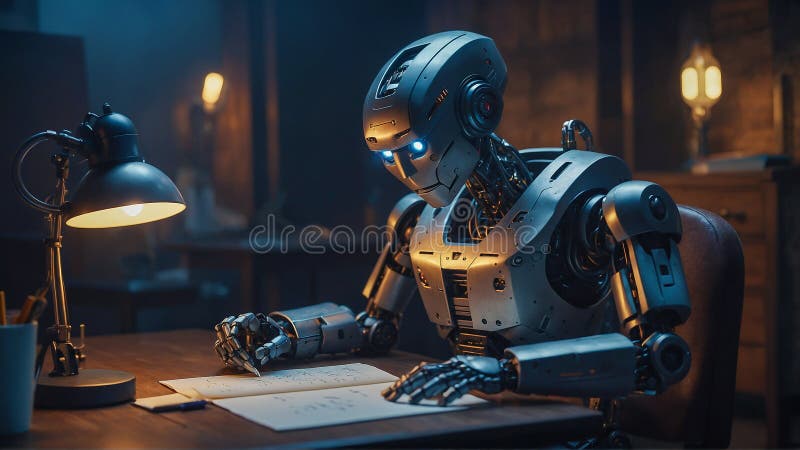 Cute Ai Robot Sitting on a Chair, Writing a Story on a Note, Blending ...