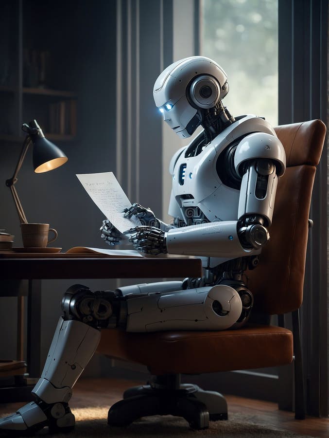 Cute Ai Robot Sitting on a Chair, Writing a Story on a Note, Blending ...
