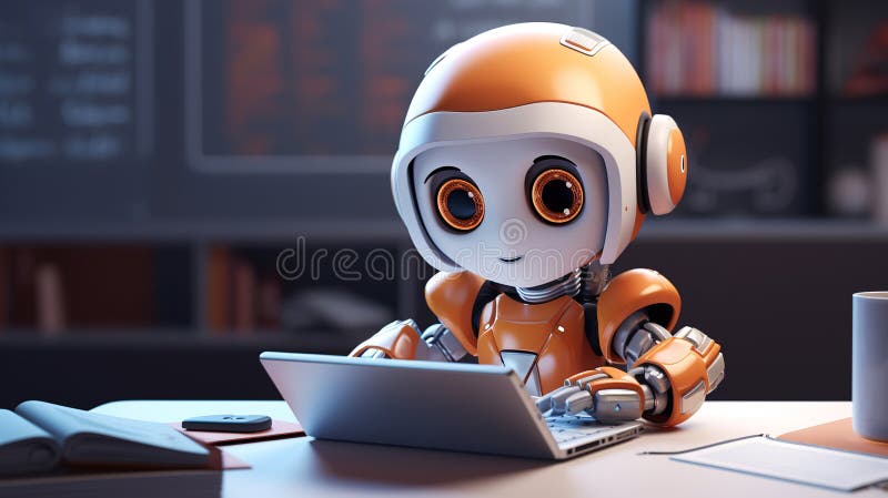 Cute AI Robot Working with Notebook. Machine Learning, Innovation ...