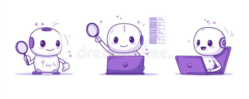 Cute AI Robots Analyzing Data and Working on Laptops in Purple Hues ...