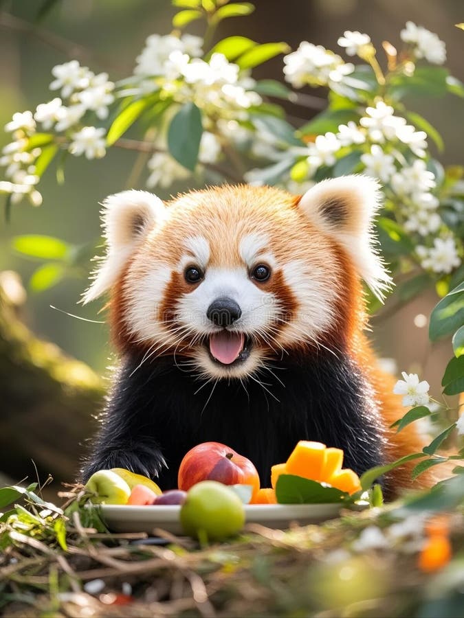 The Cute Ailurus Fulgens Happily Eating Fruit in the Forest Stock ...