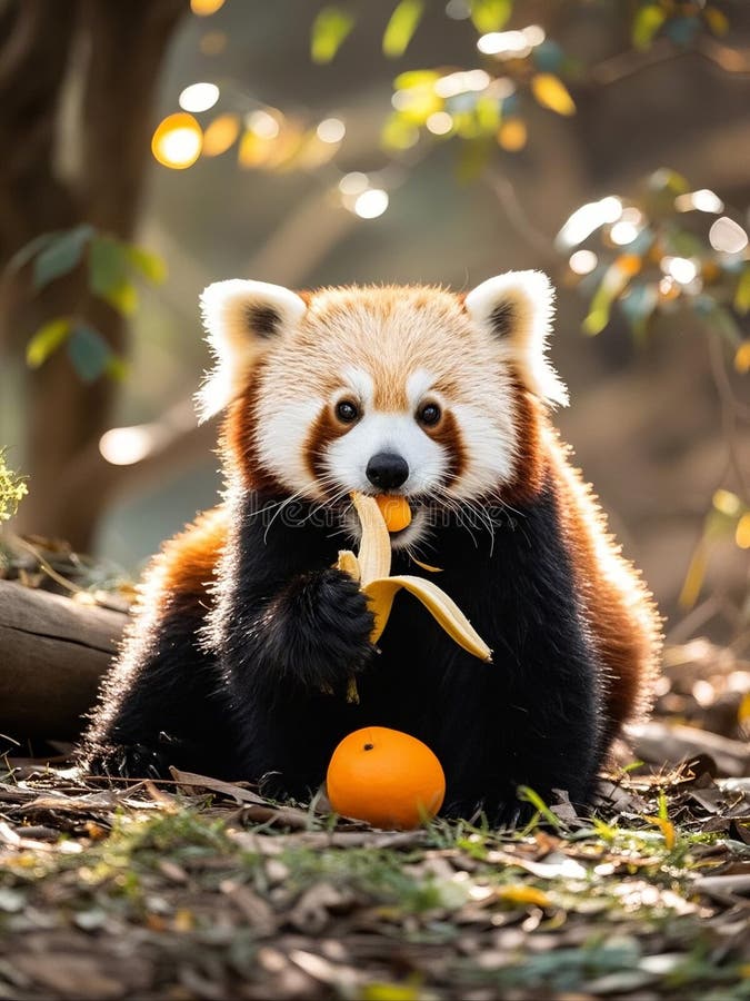 The Cute Ailurus Fulgens Happily Eating Fruit in the Forest Stock ...