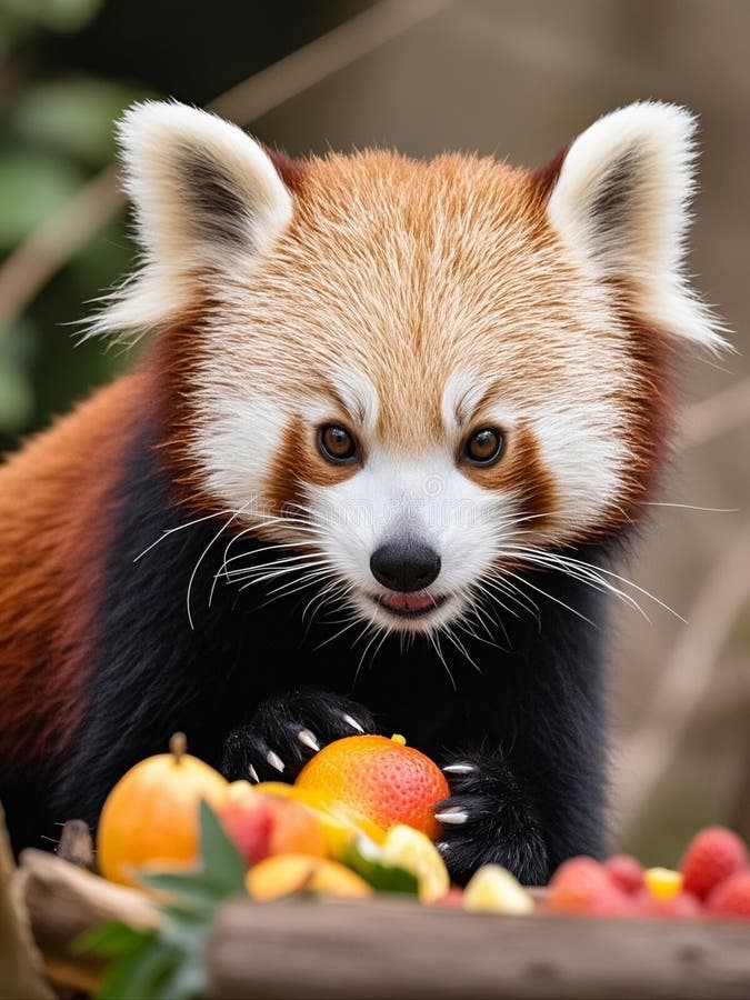 The Cute Ailurus Fulgens Happily Eating Fruit in the Forest Stock ...