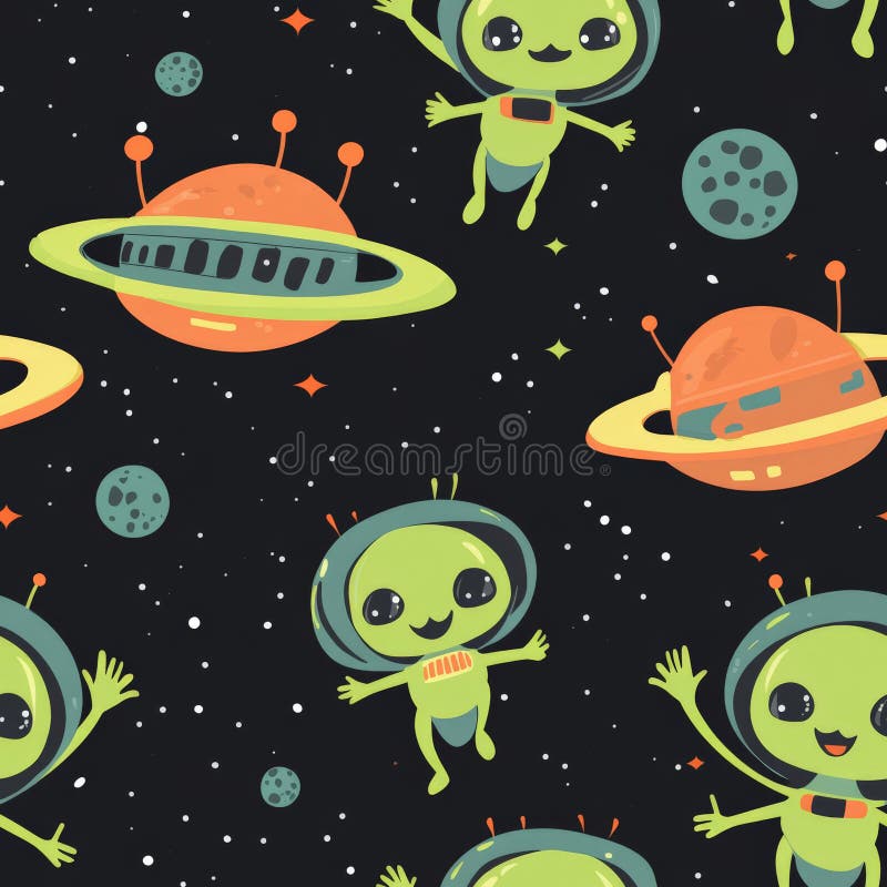 Cute Alien Characters Waving from Tiny UFOs, Surrounded by Floating ...