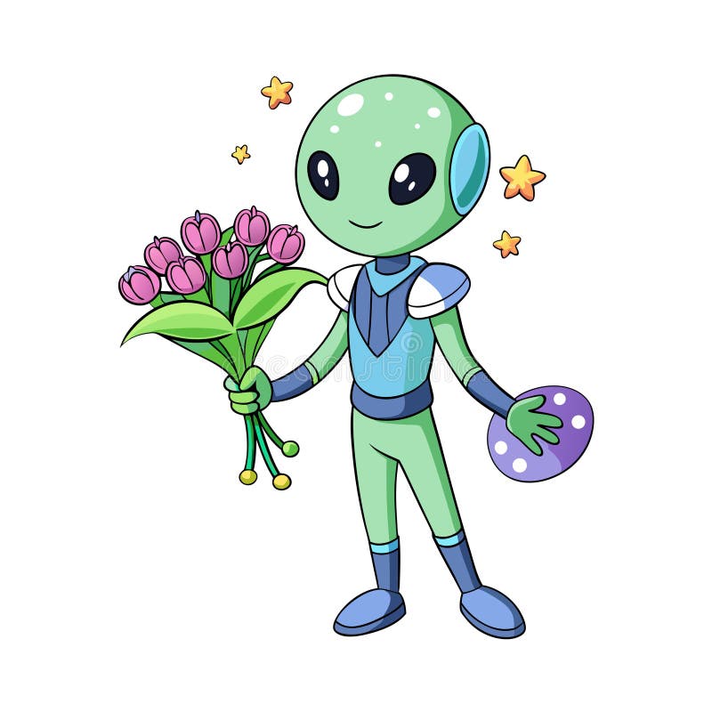 Cute Alien Holding Tulips and an Easter Egg on White Background Stock ...