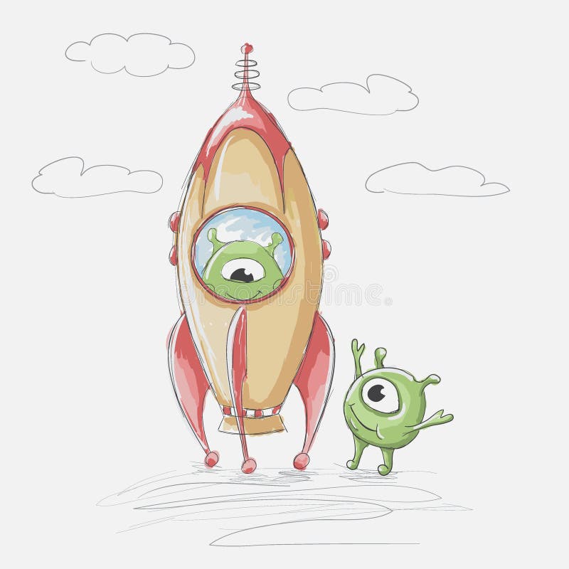 Cute Alien Sits in the Rocket and Blast Off Stock Vector - Illustration ...