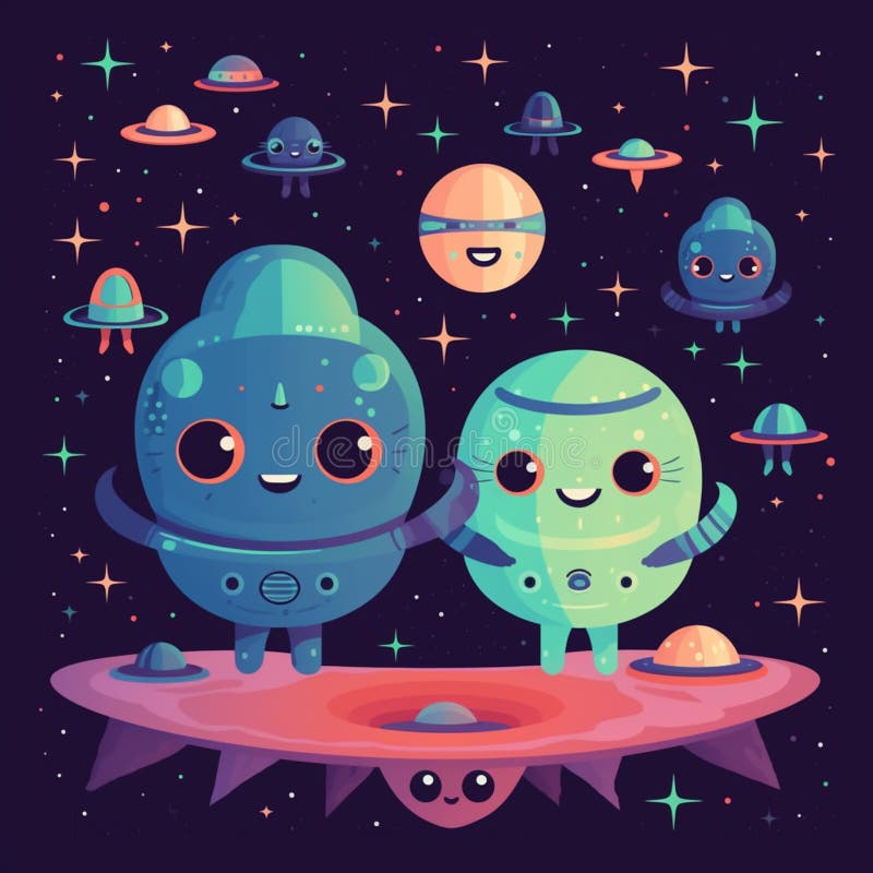 Cute aliens in the galaxy stock illustration. Illustration of design ...