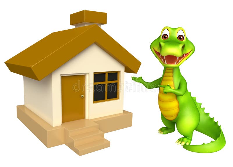 Cute Aligator Cartoon Character with Home Stock Illustration ...