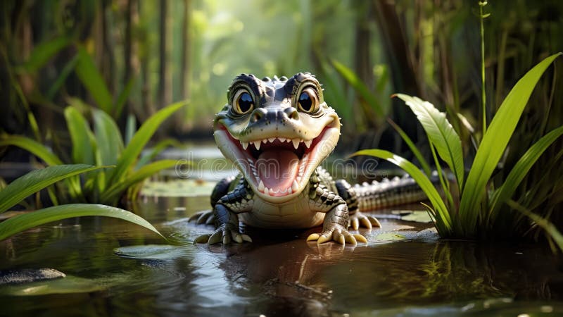 Cute Alligator Smiling in Swamp. Stock Illustration - Illustration of ...