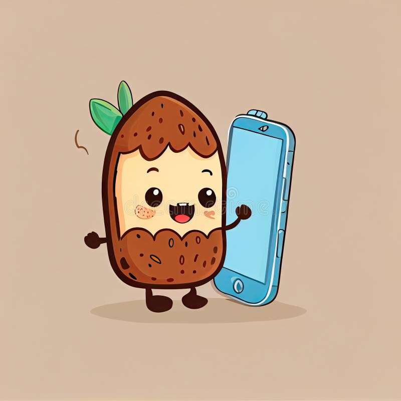 Cute Almond Cartoon Character Looking At The Smartphone Cartoon Style Modern Simple