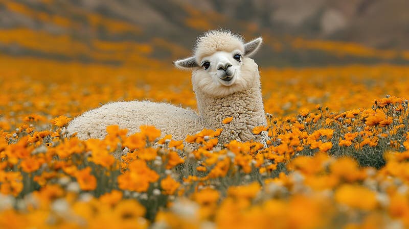 Cute Alpaca Resting in a Field of Vibrant Orange Flowers Stock ...