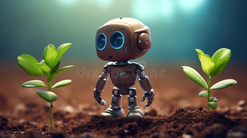 Cute Amazed Robot is Observing Plants AI Generated Stock Photo - Image ...