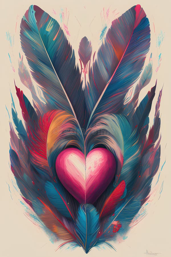 Cute Ancient Huge Heart with Feathers Stock Illustration - Illustration ...