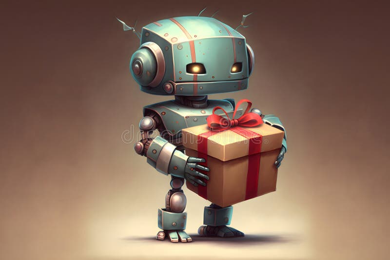 Cute Android Robot Holding a Present Box. Gift Box with Red Bow Stock ...