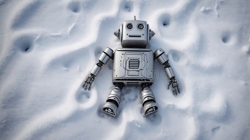 Cute Android Robot Playfully Making a Snow Angel in a Fresh Untouched ...