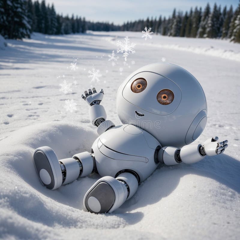 Cute Android Robot Playfully Making a Snow Angel in a Fresh Untouched ...