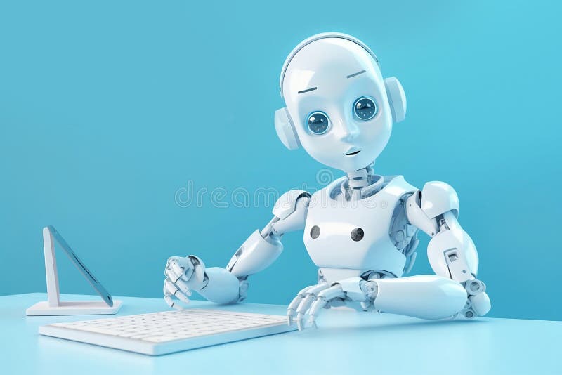 Cute Android Robot Sitting at Desk with Tablet. Concept for Creative ...