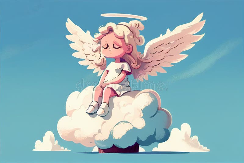 Cute Angel Sits on a Cloud in the Sky. AI Generated Stock Illustration ...