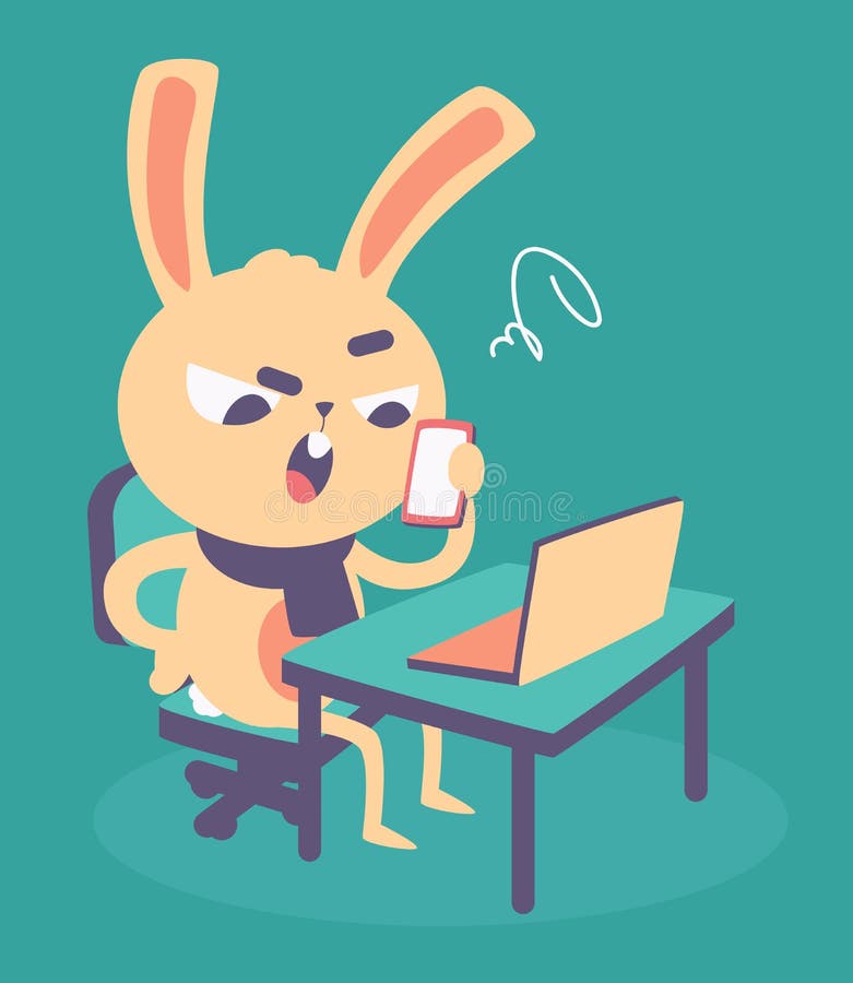 Cute Angry Bunny at Computer Stock Vector - Illustration of cell, angry ...