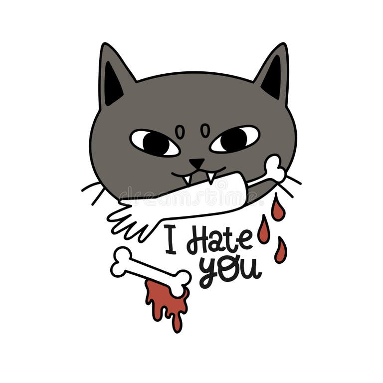 Cute Angry Gray Cat Biting Hand, Cartoon Vector Lettering Postcard ...