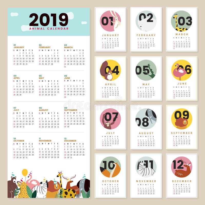 Cute Animal Calendar 2019 Vector Stock Vector - Illustration of august ...