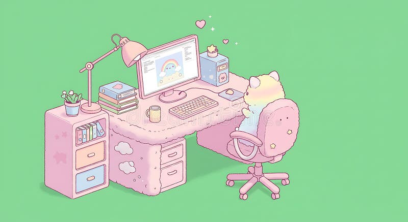 Cute Animal Character Working at Desk with Computer and Cloud Design ...