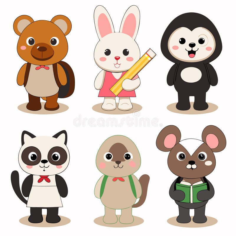 Cute Animal Characters Ready for School. (2 Stock Vector - Illustration ...