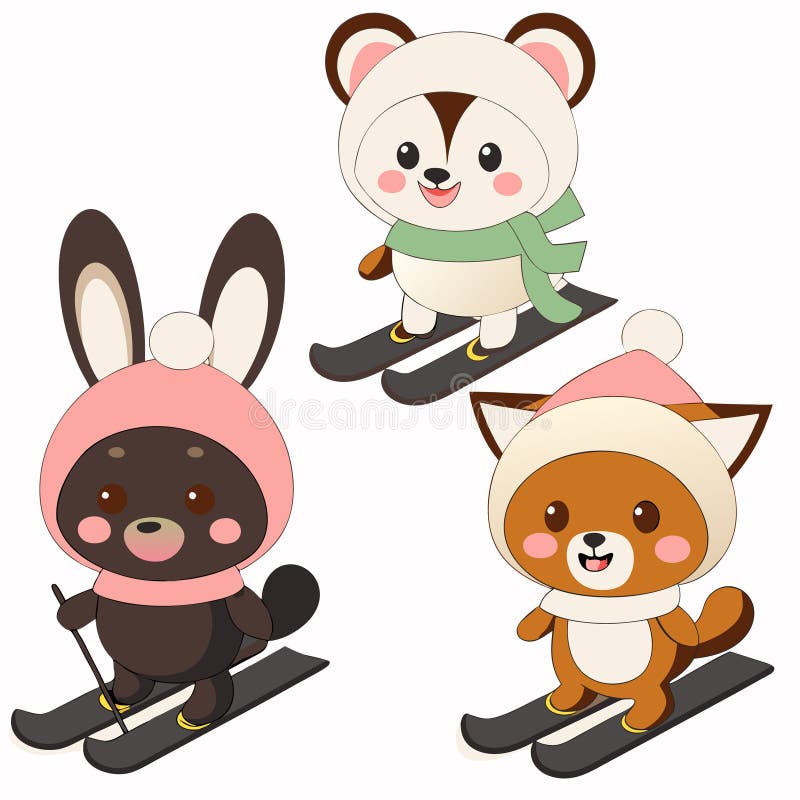 Cute Animal Characters Skiing. (1 Stock Vector - Illustration of ...