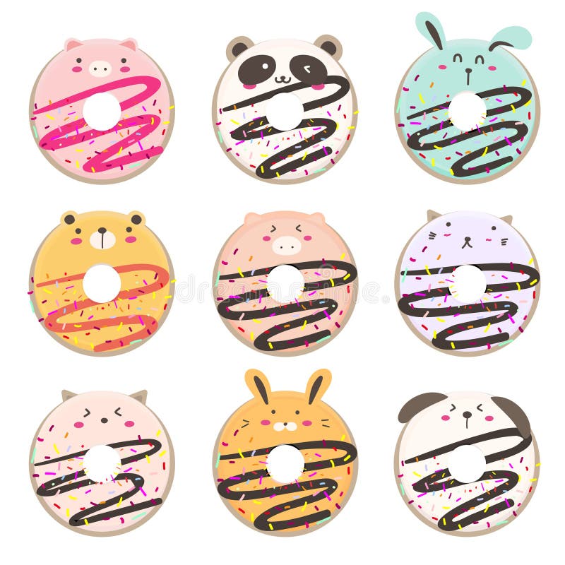 Cute Animal Donut Cartoon Set. Stock Vector - Illustration of donut ...