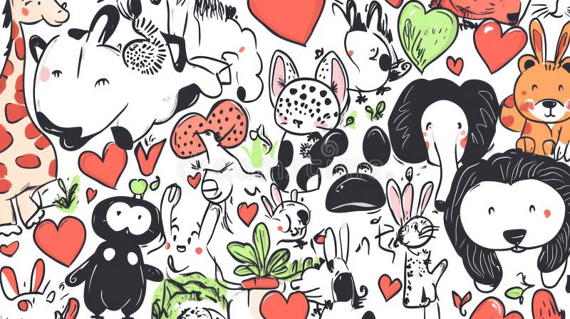 Cute Animal Doodle Pattern stock illustration. Illustration of lion ...