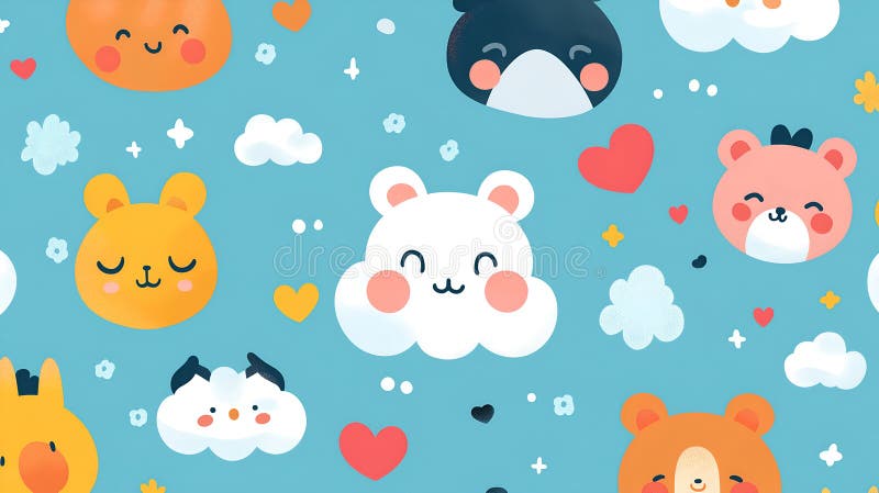 Cute Animal Face Pattern on Blue Background, Fabric Pattern Stock ...