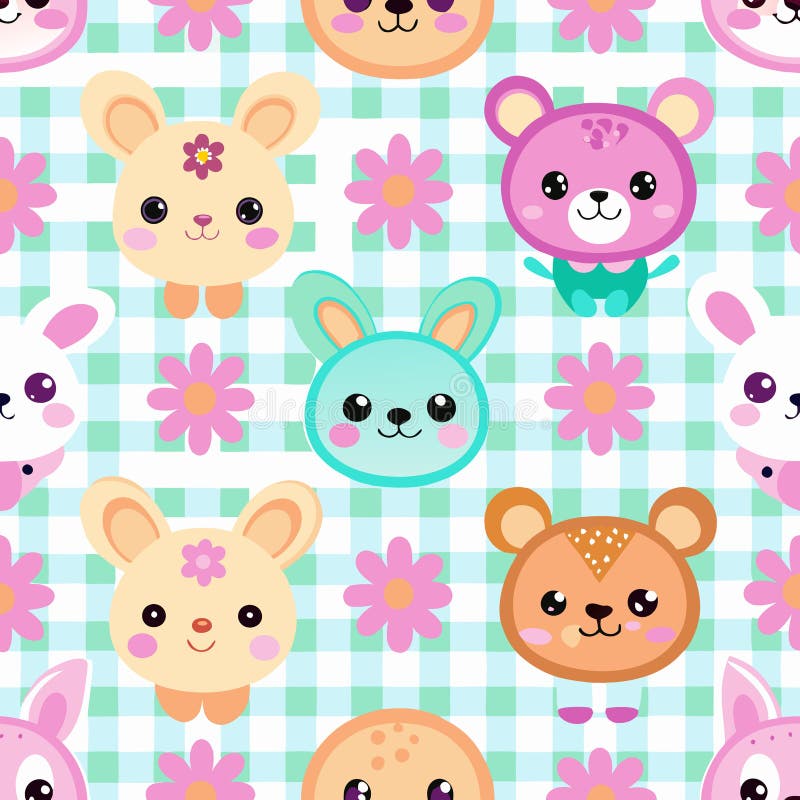 Cute Animal Faces and Flowers Seamless Pattern Stock Vector ...
