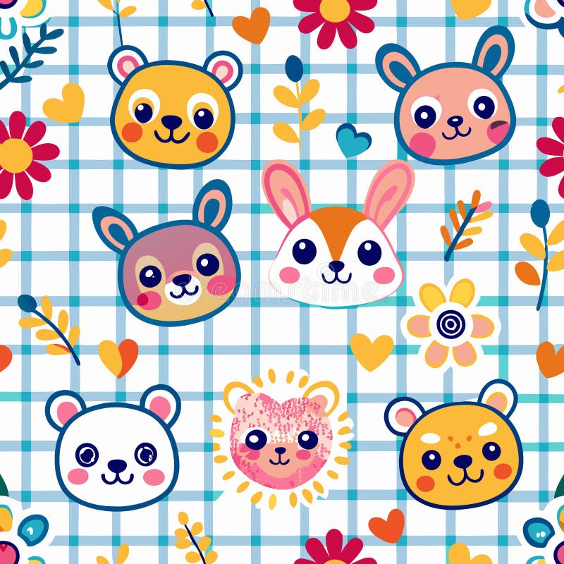Cute Animal Faces and Flowers Seamless Pattern Stock Vector ...