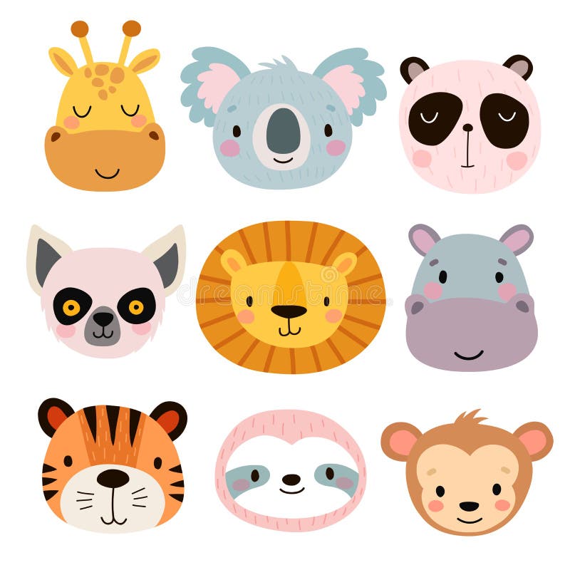 Cute Animal Faces. Hand Drawn Characters Stock Vector - Illustration of ...