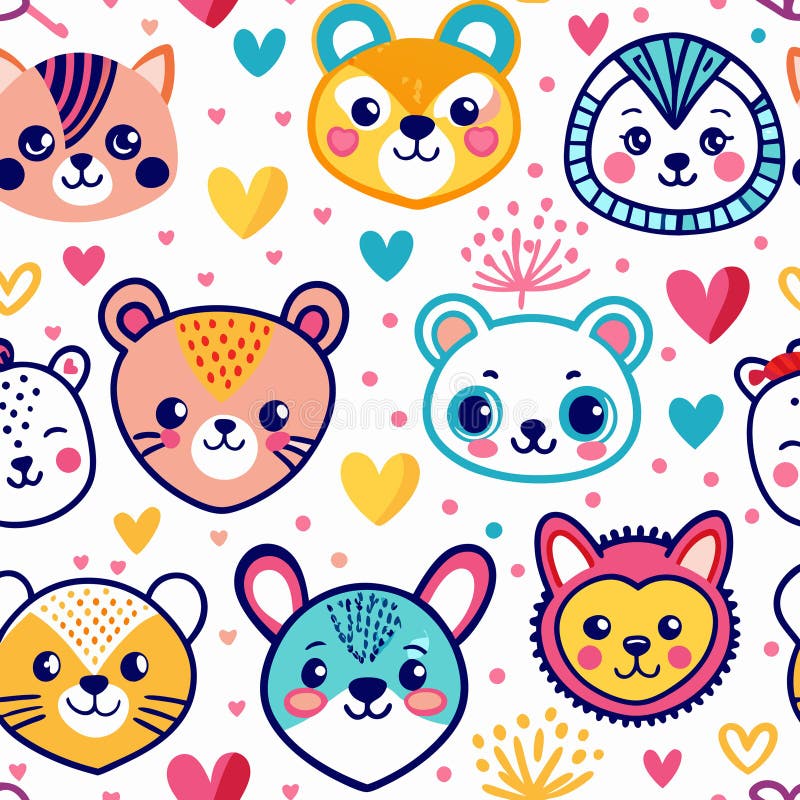 Cute Animal Faces Seamless Pattern Stock Vector - Illustration of ...