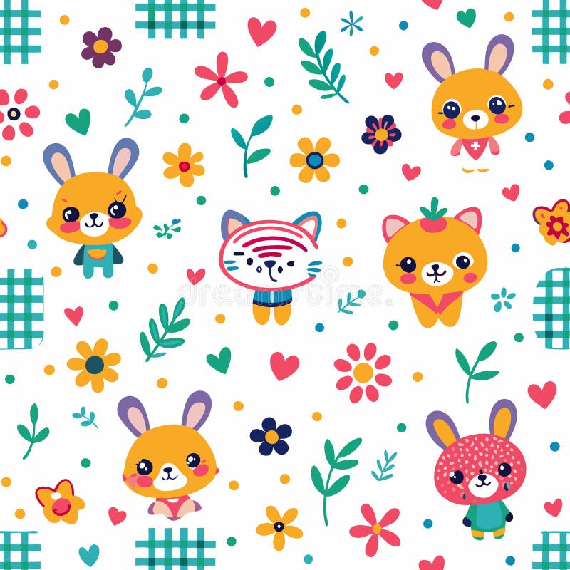 Cute Animal and Floral Seamless Pattern Stock Vector - Illustration of ...